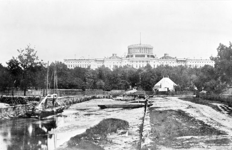 Capitol Building under construction in 1861 with Washington City Canal ...